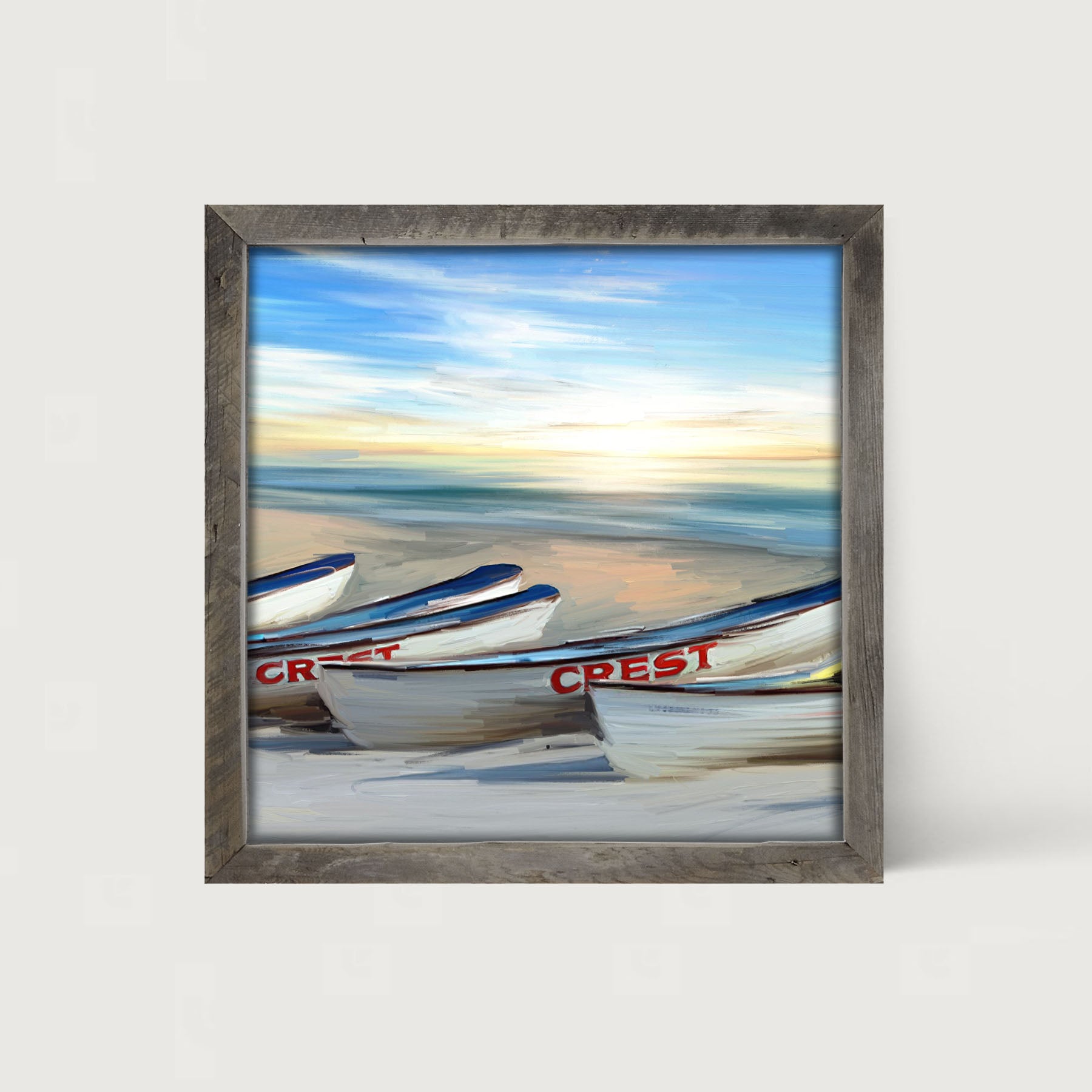 Crest Rowing Boats on Jersey Shore - Framed art